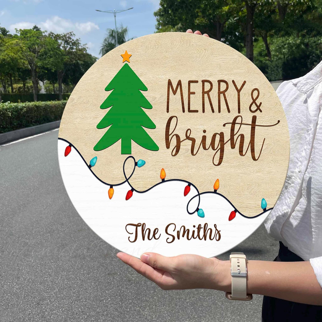 Merry and Bright Door Hanger Sign, Christmas Welcome Sign, Family ...