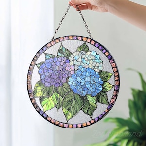 Blue Hydrangea Stained Glass Suncatcher Window Hanging, Blue Hydrangea ...