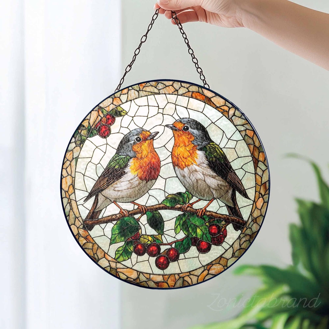Robin Birds Glass Suncatcher, Memorial Window Hanging, Robins Memorial ...