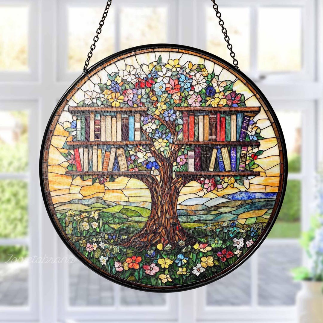 Bookshelf Tree With Flowers Glass Suncatcher, Bookworm Window Hanging ...