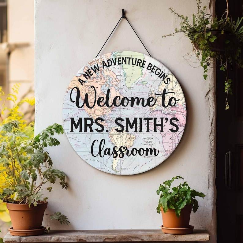 Personalized Teacher Door Sign, World Map Adventure Themed Classroom ...