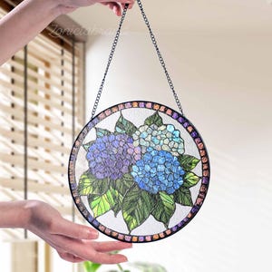 Blue Hydrangea Stained Glass Suncatcher Window Hanging, Blue Hydrangea ...