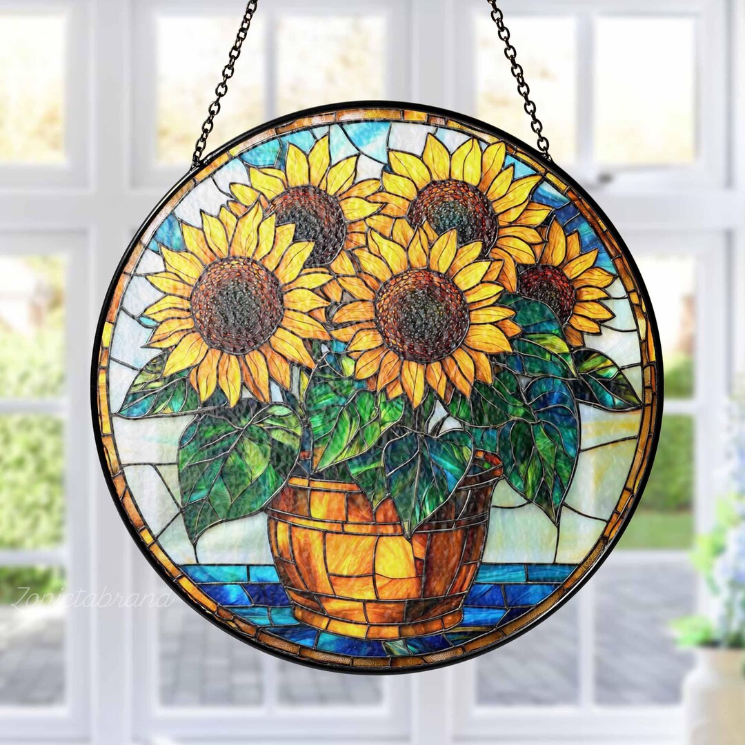 Sunflower Stained Glass Suncatcher, Vibrant Sunflower Window Hanging ...