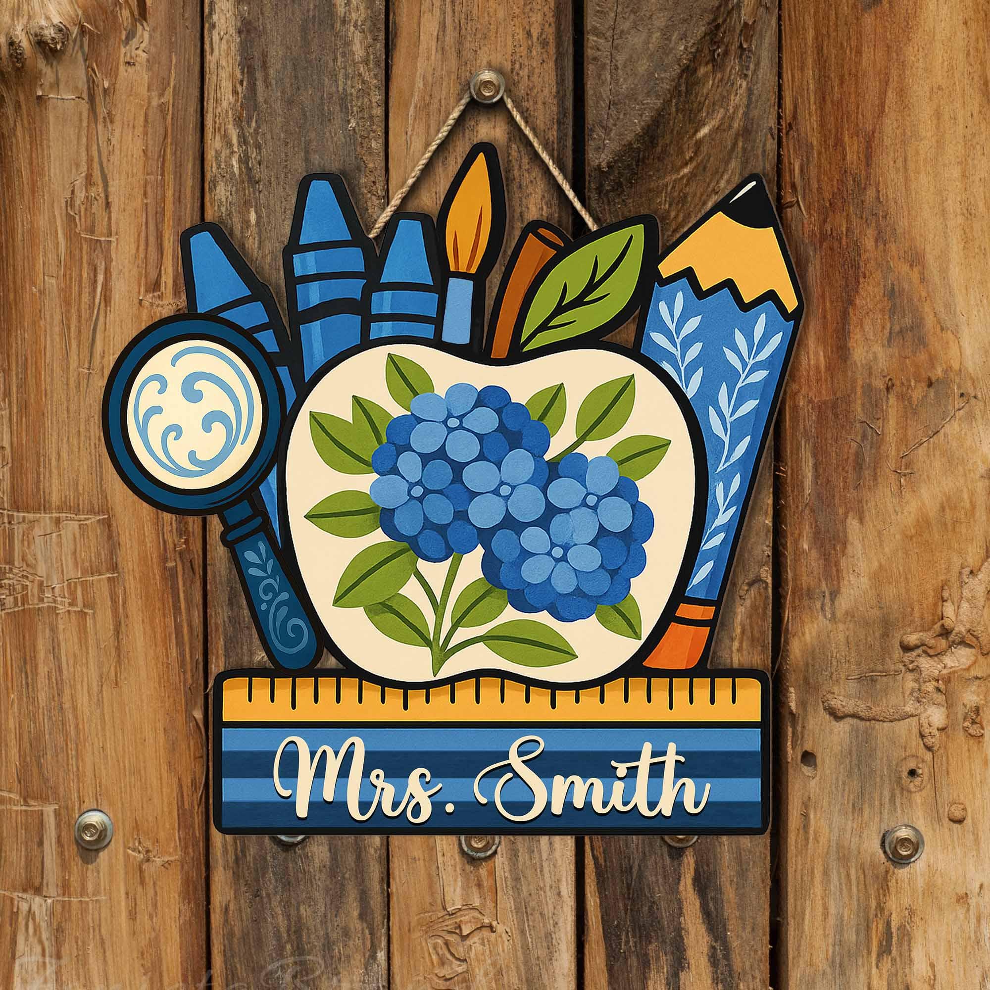 Personalized Teacher Door Sign, Hydrangea Floral Apple Classroom Decor ...