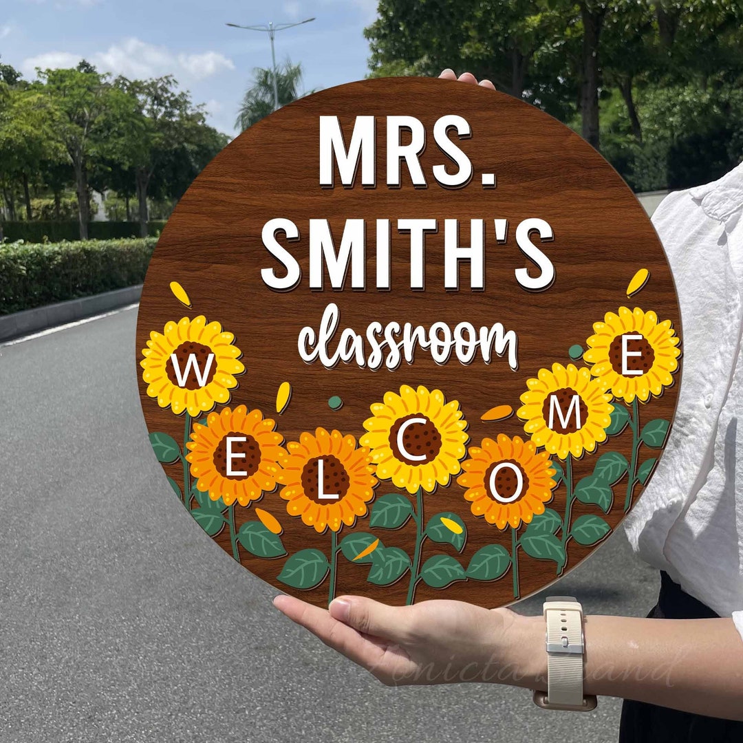 Personalized 2D/3D Teacher Door Sign, Sunflower Classroom Door Hanger ...