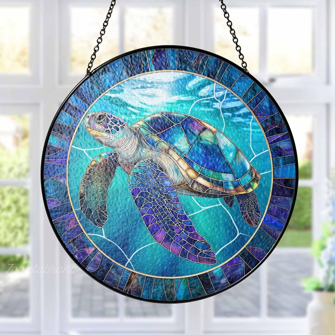 Sea Turtle Stained Glass Suncatcher, Sea Turtle Window Hanging, Beach ...