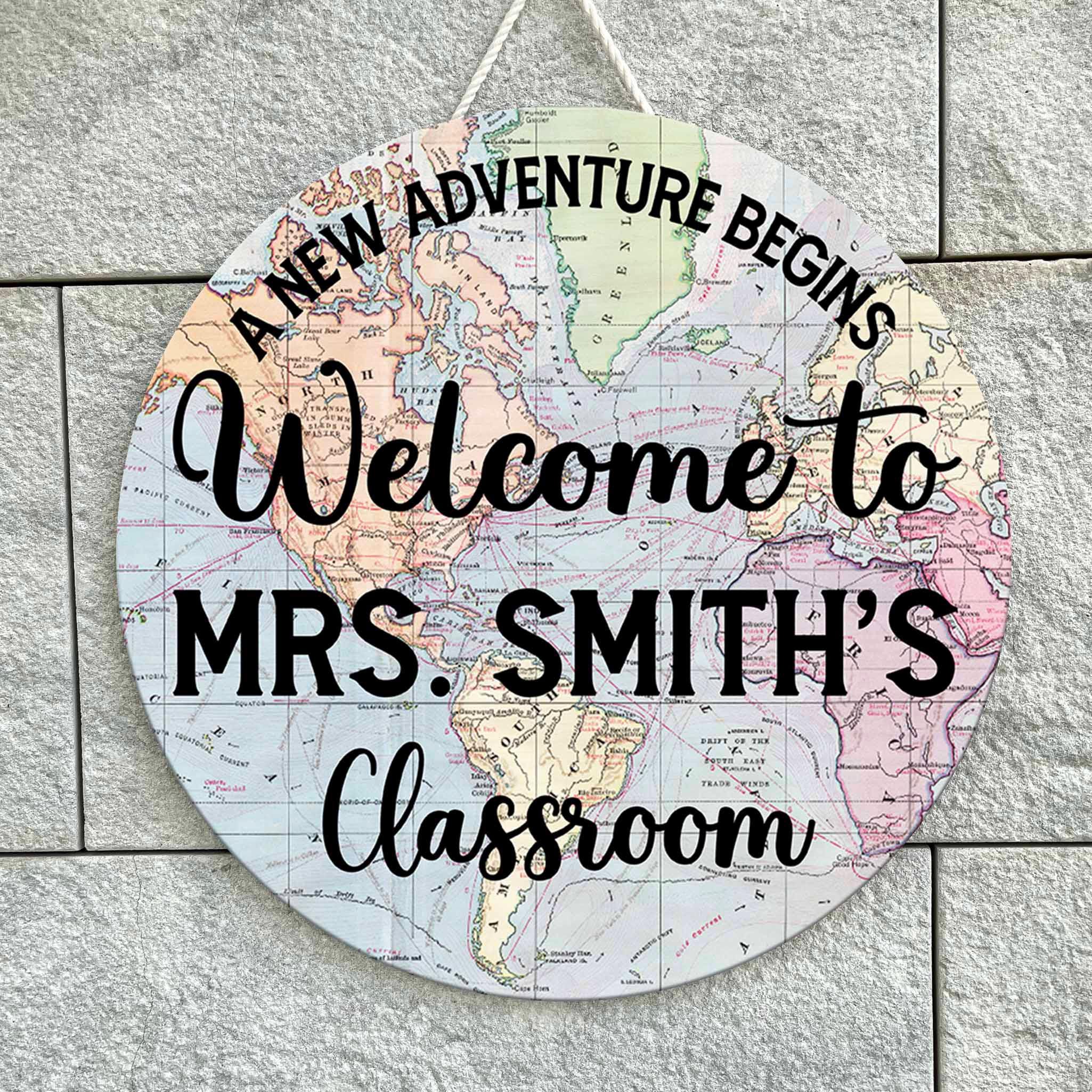 Personalized Teacher Door Sign, World Map Adventure Themed Classroom ...