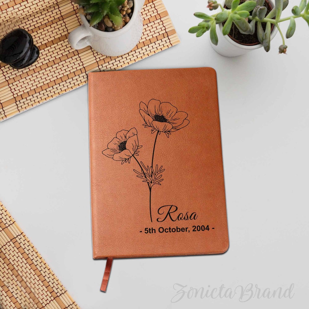 Birth Flower Personalized Journal, Customized Leather Journal ...