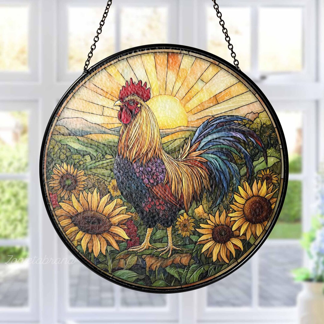 Rooster and Sunflower Stained Glass Suncatcher, Chicken and Flower ...