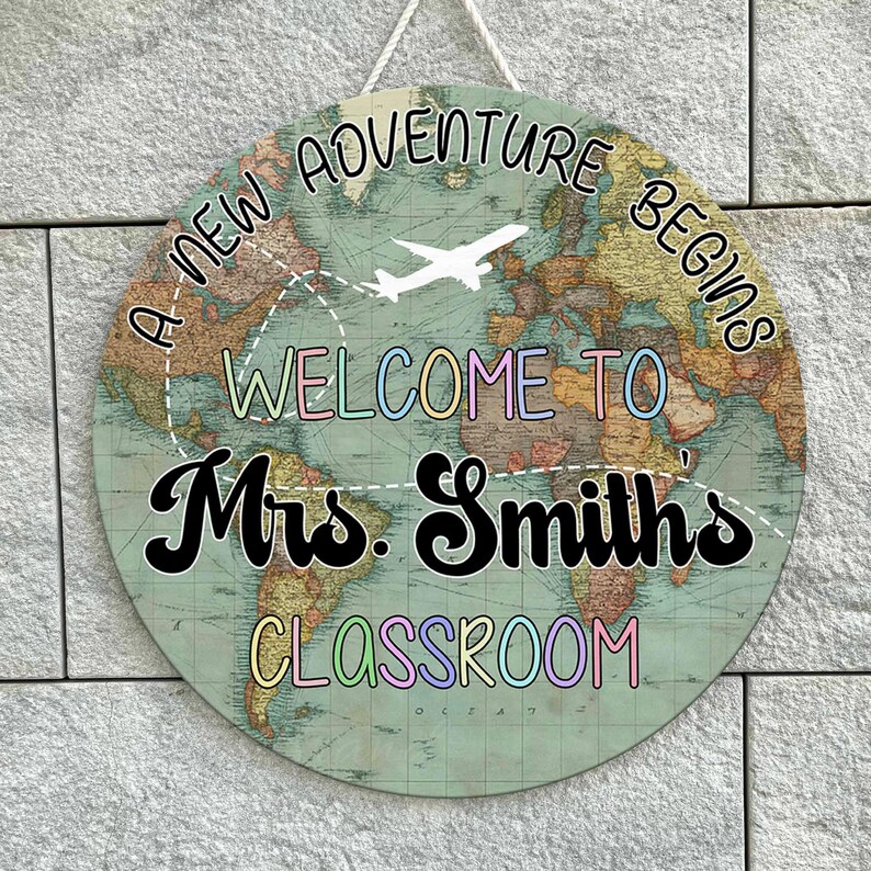 Personalized Teacher Door Sign, World Map Adventure Themed Classroom ...