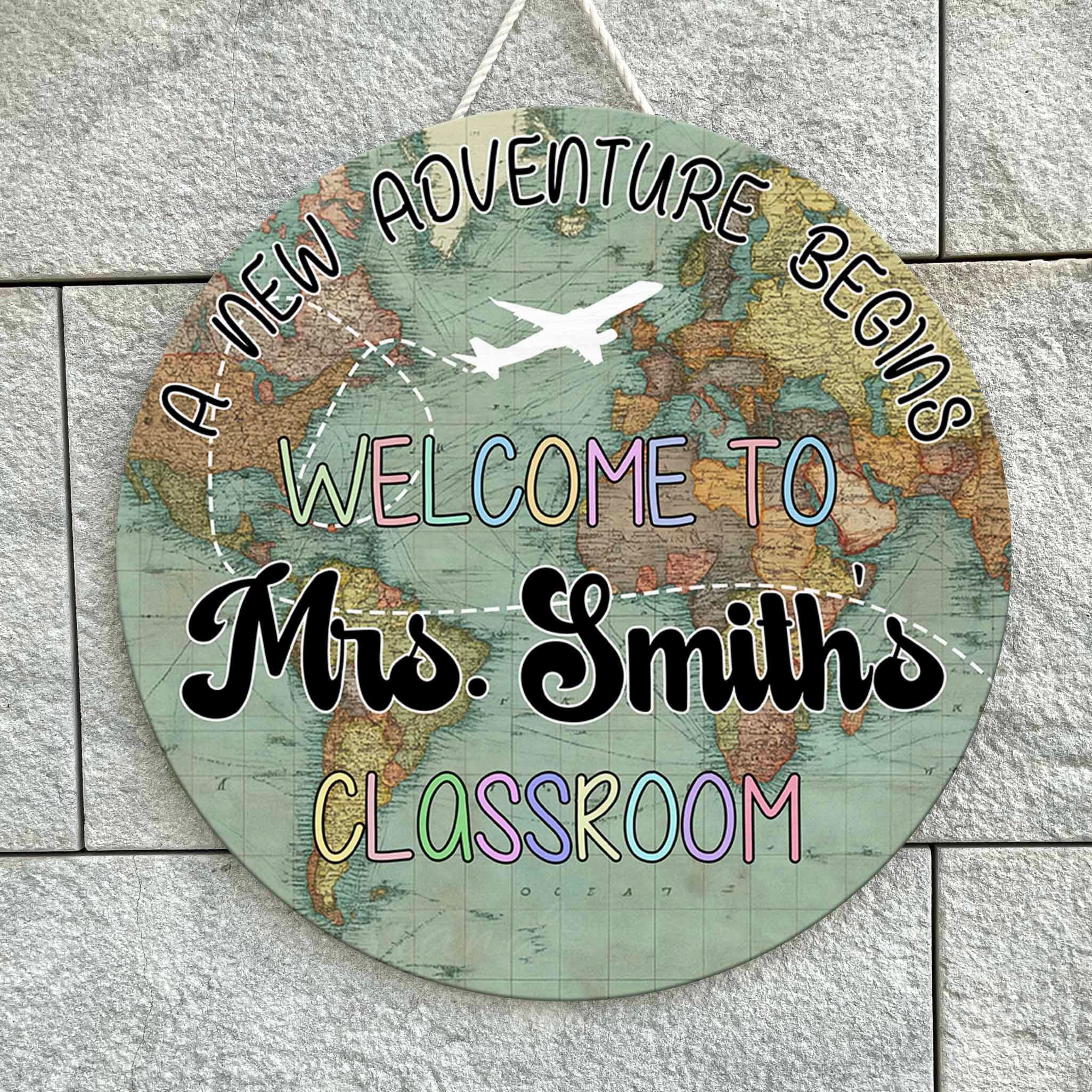 Personalized Teacher Door Sign, World Map Adventure Themed Classroom ...