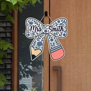 Chinoiserie Teacher Door Sign, Personalized Pencil Bow Wooden Hanger ...