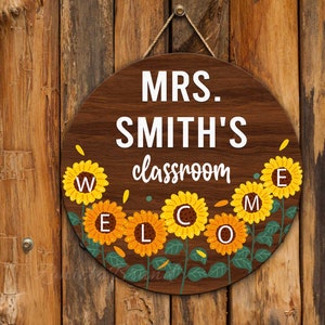 Personalized 2D/3D Teacher Door Sign, Sunflower Classroom Door Hanger ...