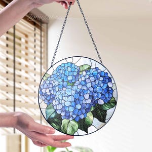 Blue Hydrangea Stained Glass Suncatcher Window Hanging, Blue Hydrangea ...