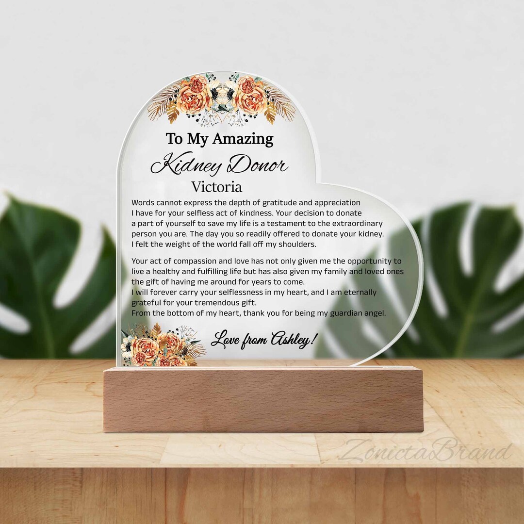 Kidney Donor Plaque Gift, Custom Kidney Transplant Acrylic Plaque ...