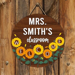 Personalized 2D/3D Teacher Door Sign, Sunflower Classroom Door Hanger ...