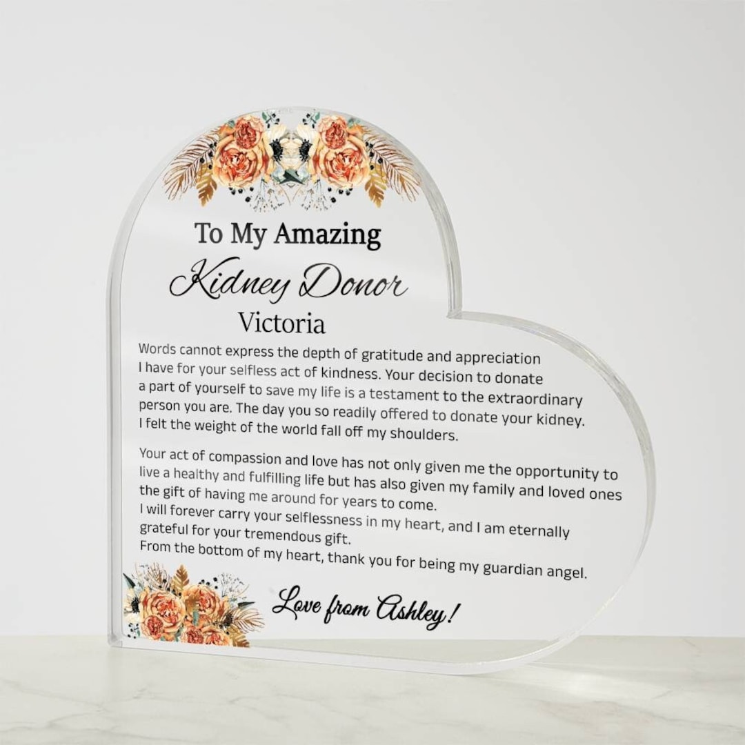 Kidney Donor Plaque Gift, Custom Kidney Transplant Acrylic Plaque ...