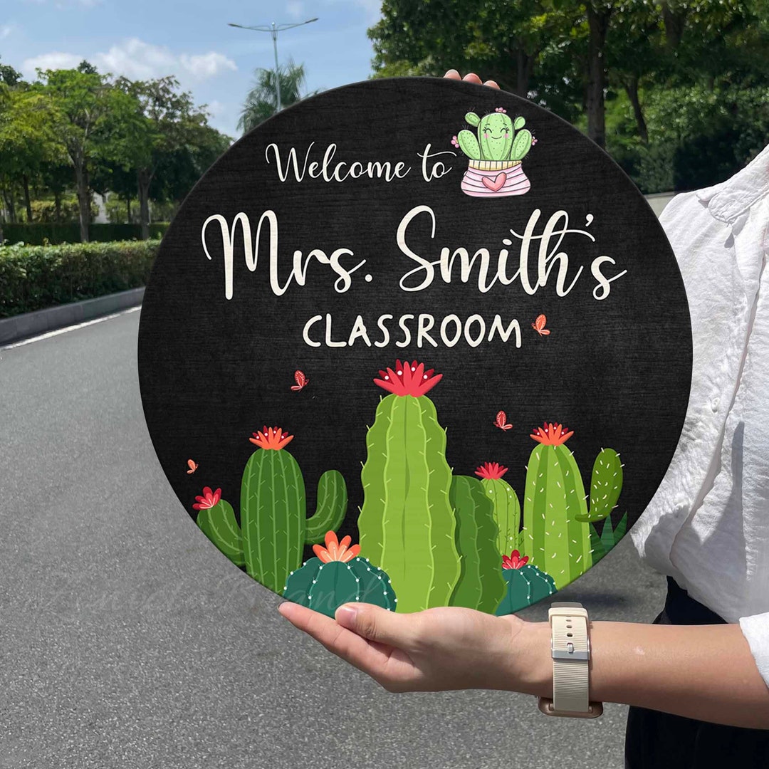 Personalized Cactus Teacher Door Sign, Teacher Succulent Door Hanger ...