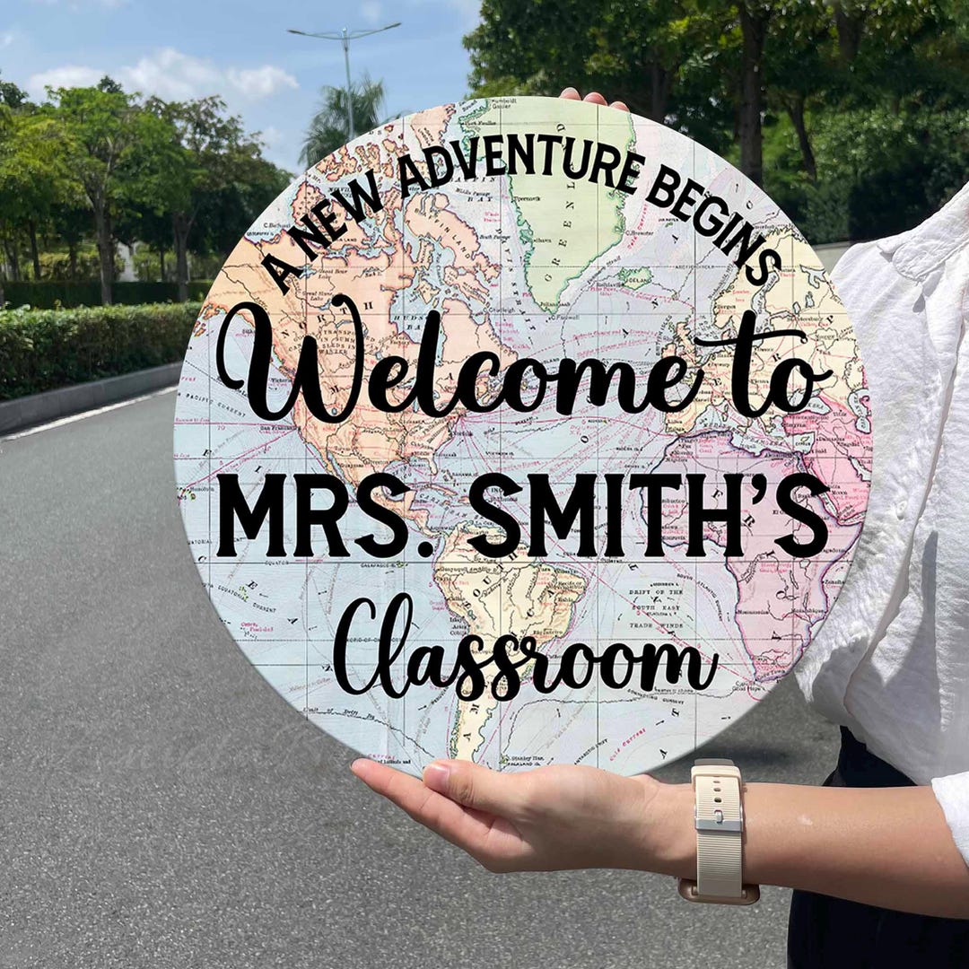 Personalized Teacher Door Sign, World Map Adventure Themed Classroom ...