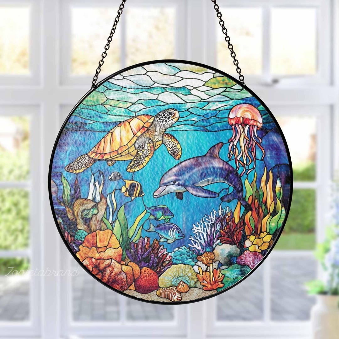 Tropical Reef Glass Suncatcher, Ocean Window Hanging Decor, Sea Life ...