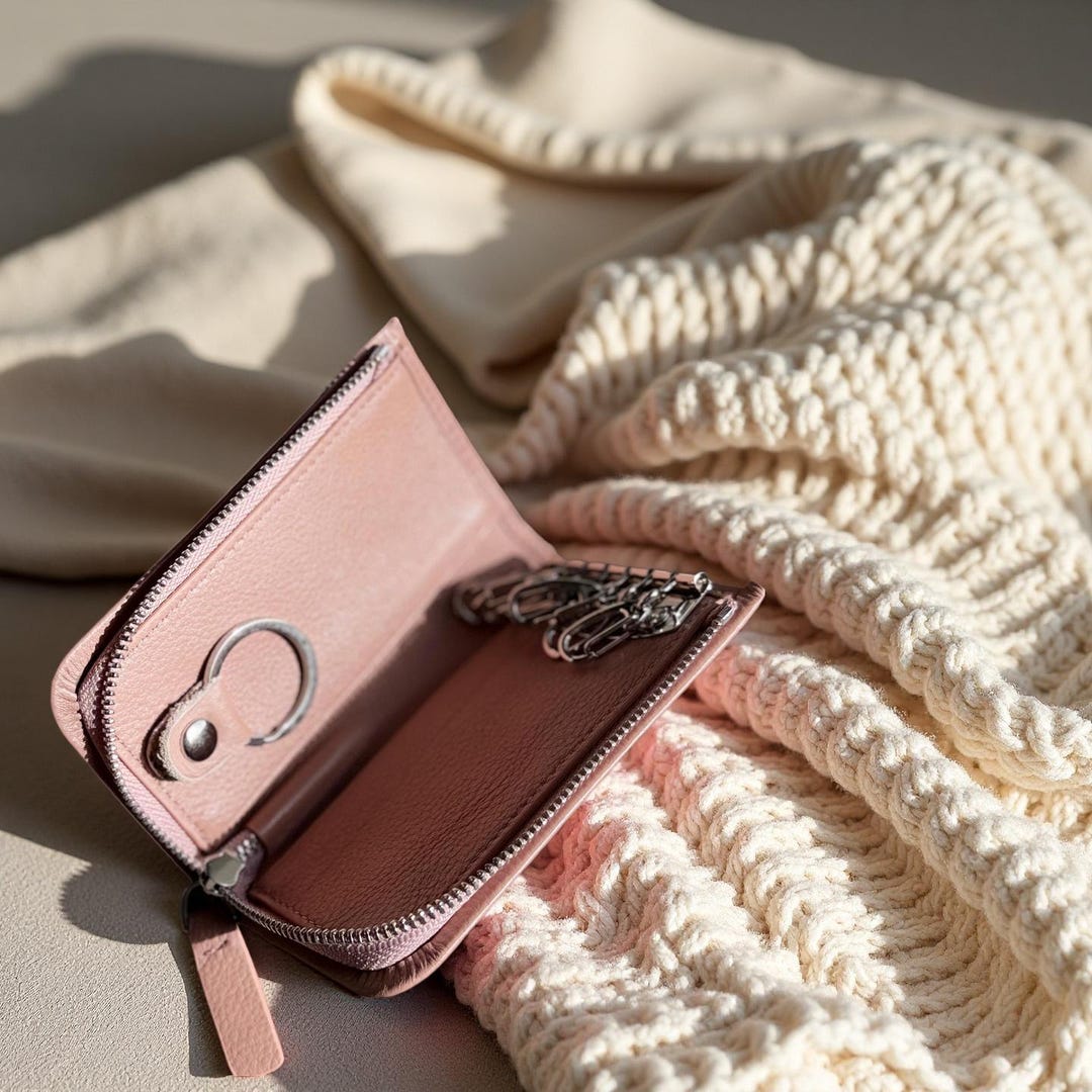 Rose Pink Leather Key Holder Wallet, Zip Around Key Case With 6 Hooks ...