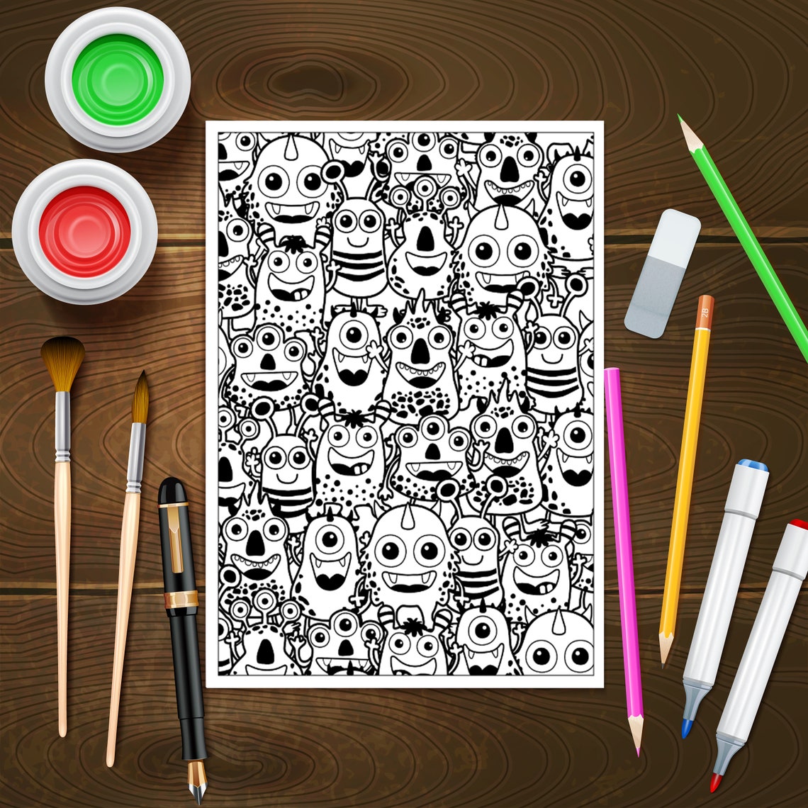 Monster Doodles Coloring Book Digital Coloring Pages Adult - Etsy