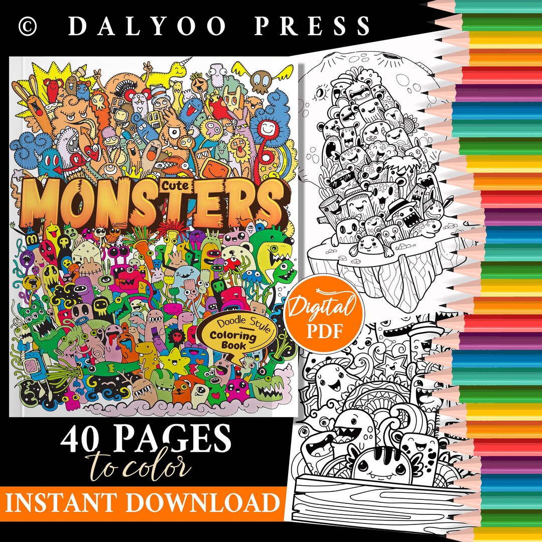 Monster Doodles Coloring Book, Digital Coloring Pages, Adult and Teen ...