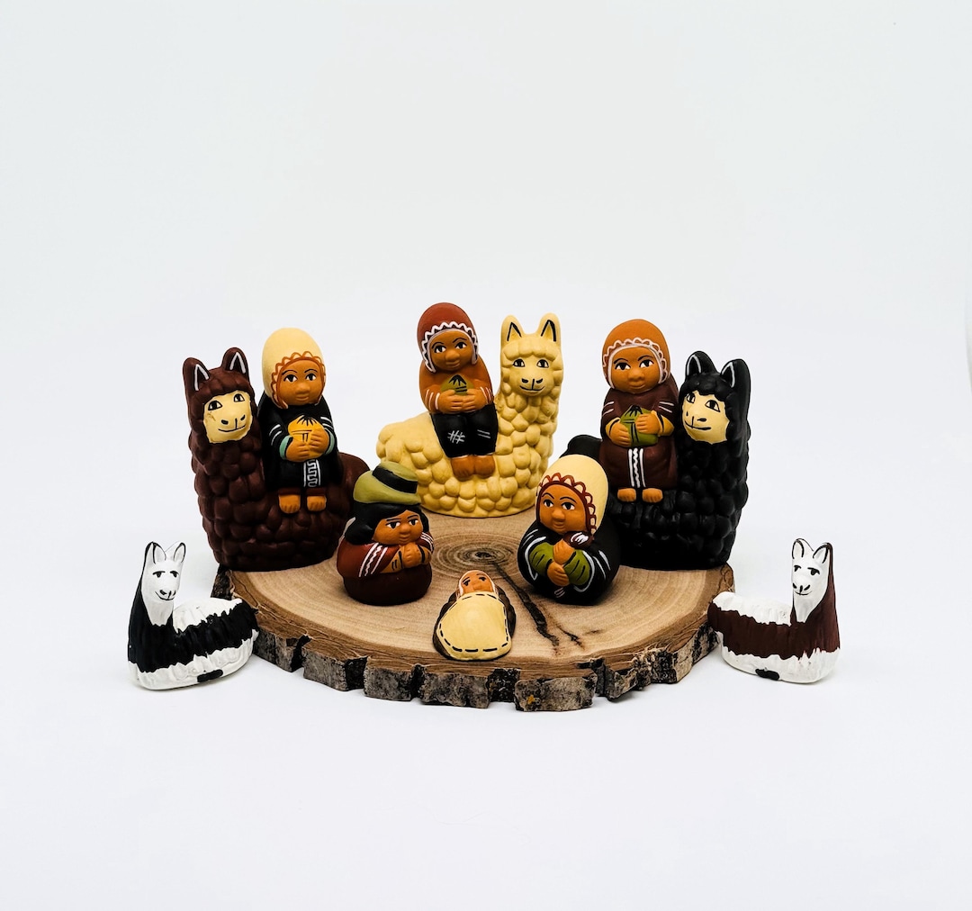 Handcrafted Peruvian Nativity Set three Wise Men on Llamas 8-piece Clay ...