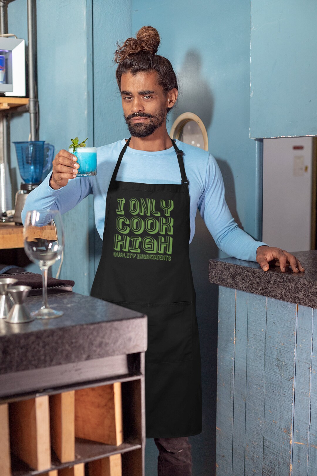 Funny Weed (maybe?) Apron - I Only Cook High (in Fine Print: 'quality ...