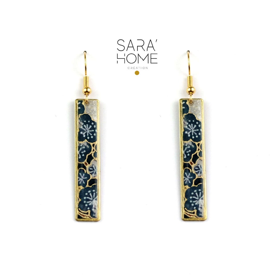 EARRINGS Vertical Bars, Dark Blue Earrings, Japanese Floral Print Washi ...