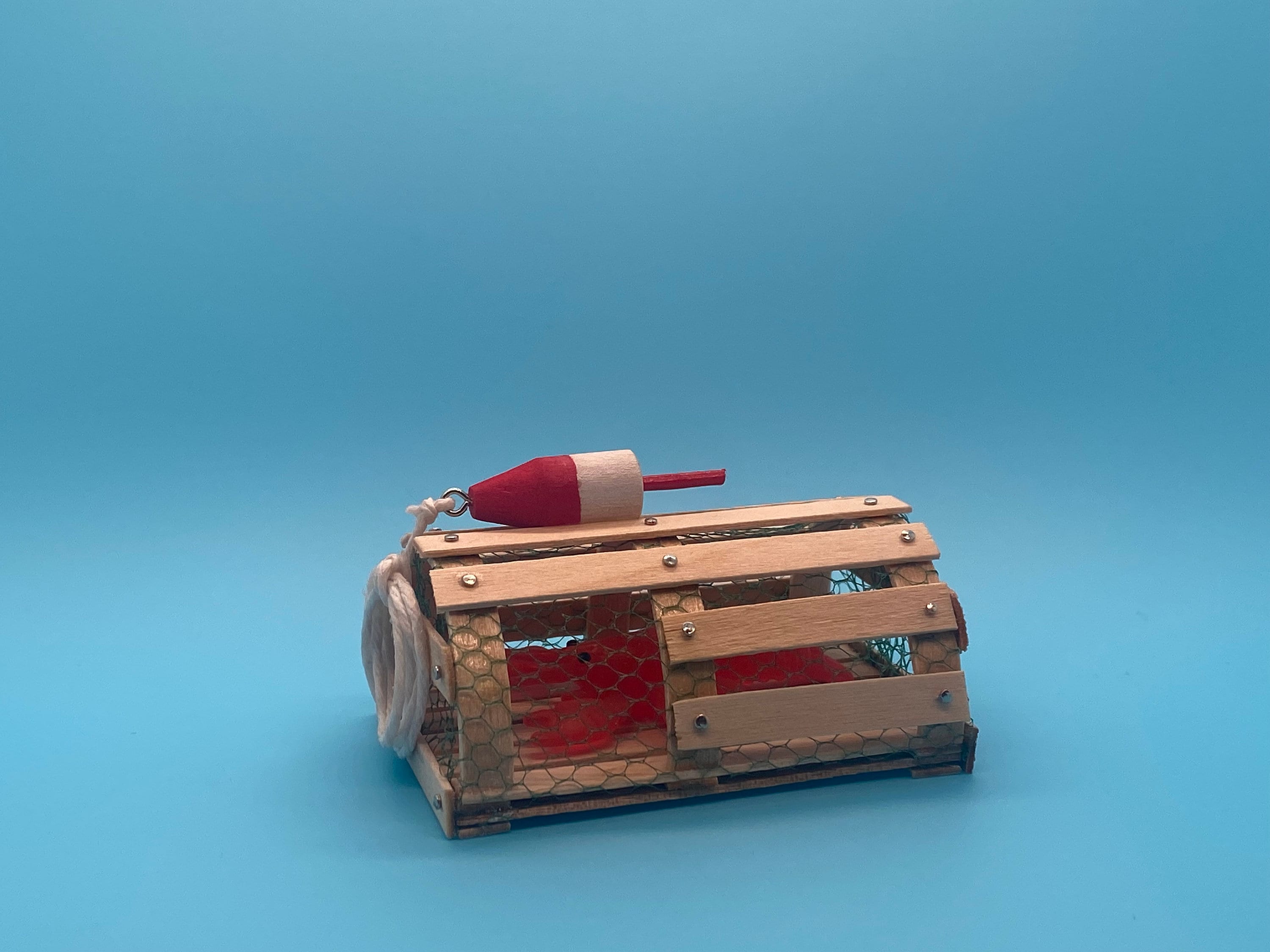 Miniature Wood Lobster Trap With Buoy (red and White), Rope & Lobster ...