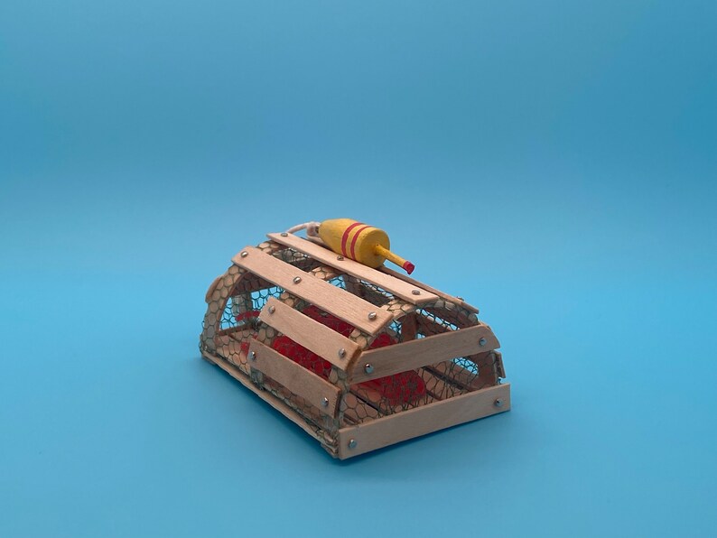 Miniature Wood Lobster Trap With Buoy yellow With Red Stripes, Rope ...