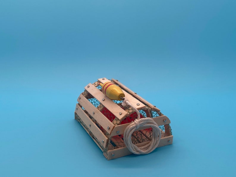 Miniature Wood Lobster Trap With Buoy yellow With Red Stripes, Rope ...