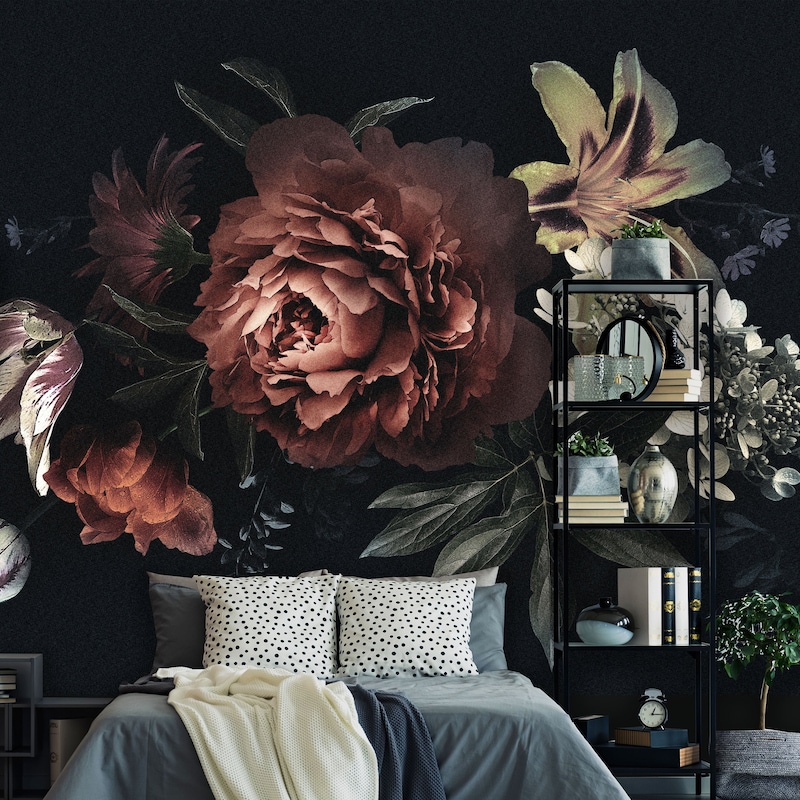 Black Floral Wallpaper - Etsy