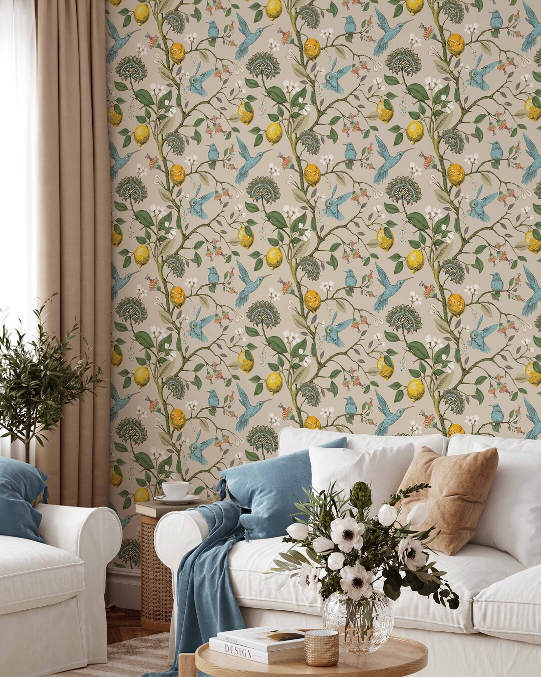 Beige Hummingbird and Lemon Tree Wallpaper | Removable Self Adhesive ...