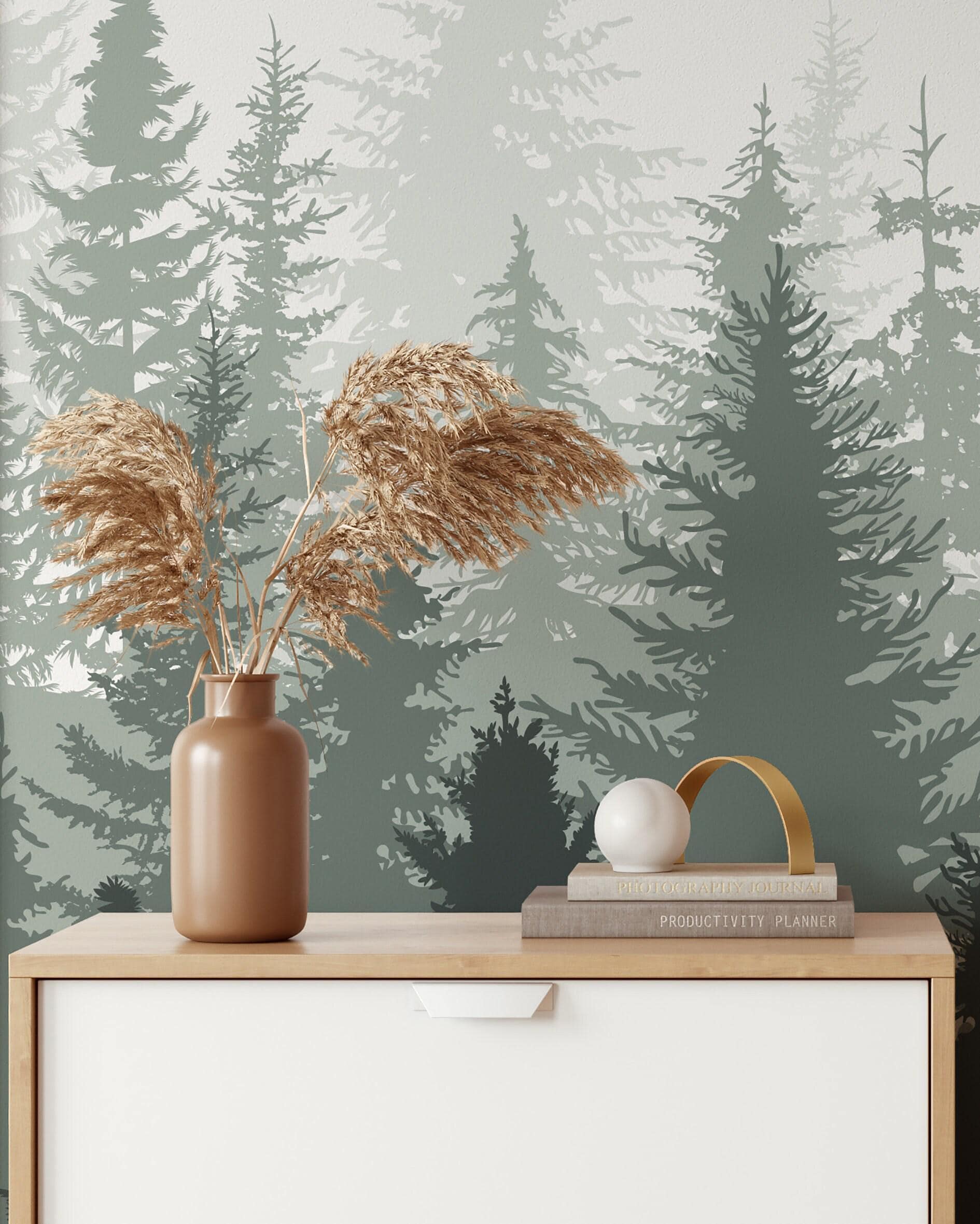 Green Landscape Wallpaper | Foggy Forest Peel and Stick Mural | Pine ...