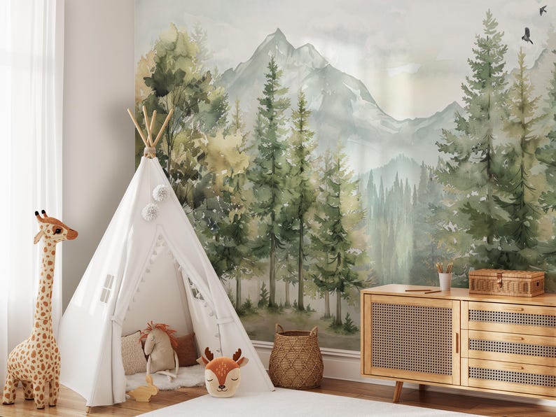 Kids Mountain and Forest Wallpaper Mural | Green Landscape Pine Tree ...