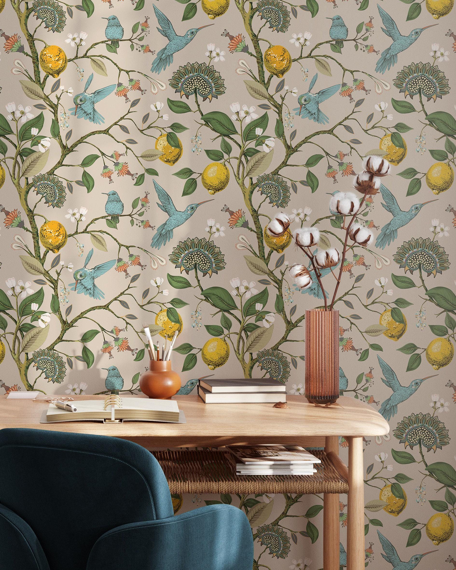 Beige Hummingbird and Lemon Tree Wallpaper | Removable Self Adhesive ...