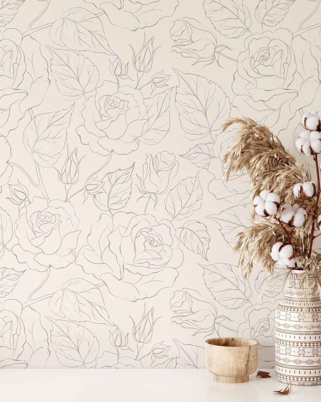 Boho Roses Wallpaper | Removable Self Adhesive Minimalistic Wallpaper ...