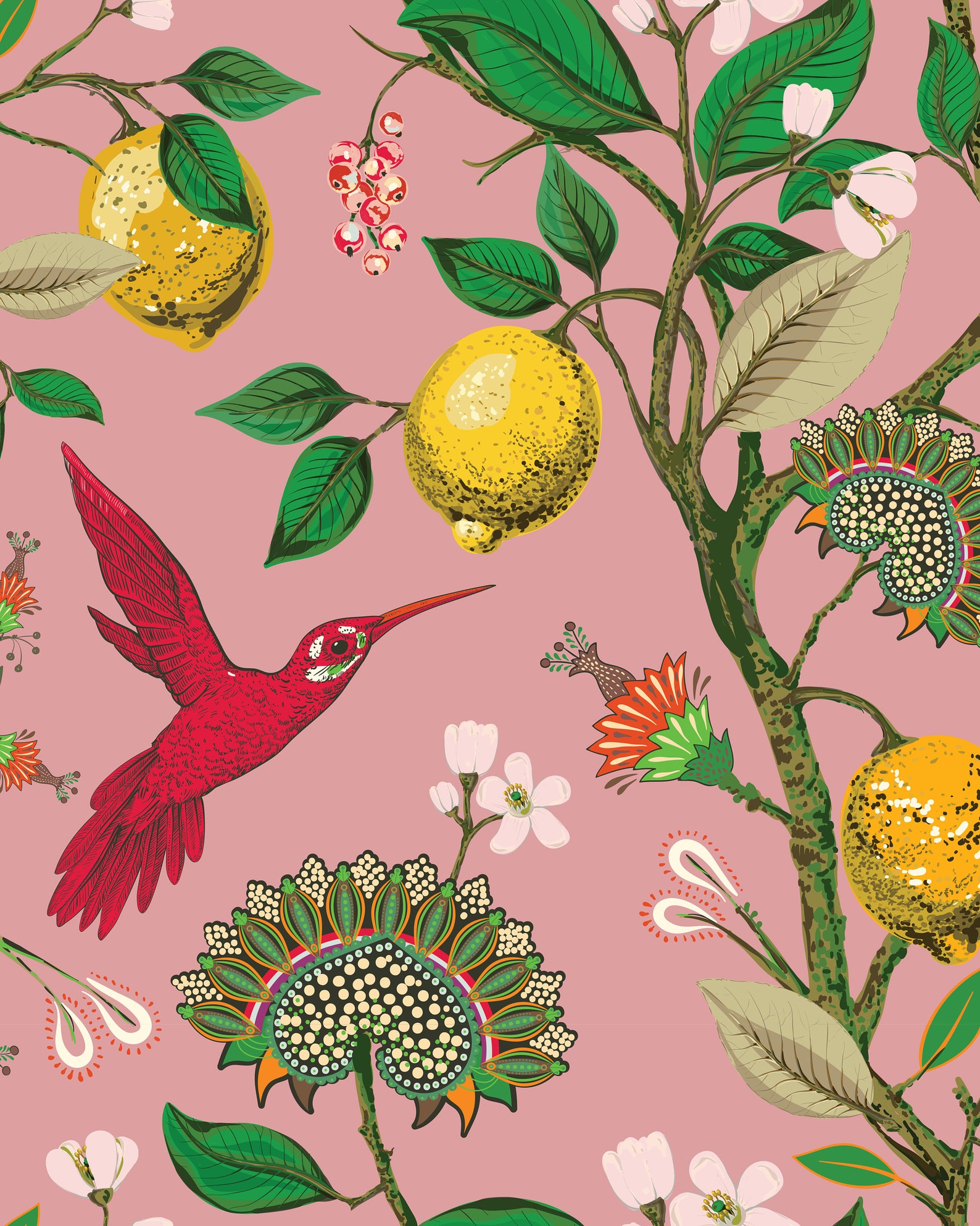 Pink Hummingbird and Lemon Tree Wallpaper Removable Self - Etsy