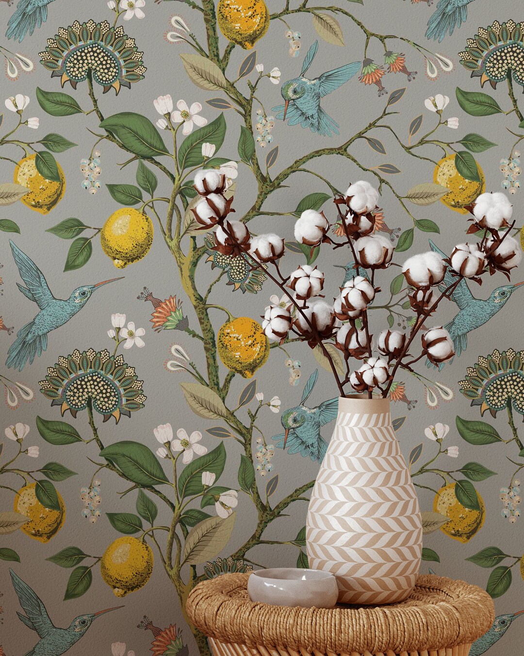 Hummingbird and Lemon Tree Wallpaper | Removable Self Adhesive Birds ...