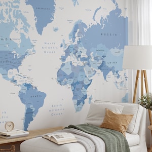Blue Large World Map Wallpaper | Peel and Stick Removable Self Adhesive ...