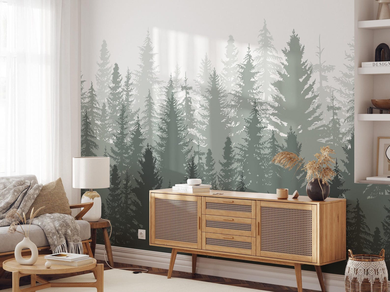 Green Landscape Wallpaper | Foggy Forest Peel and Stick Mural | Pine ...