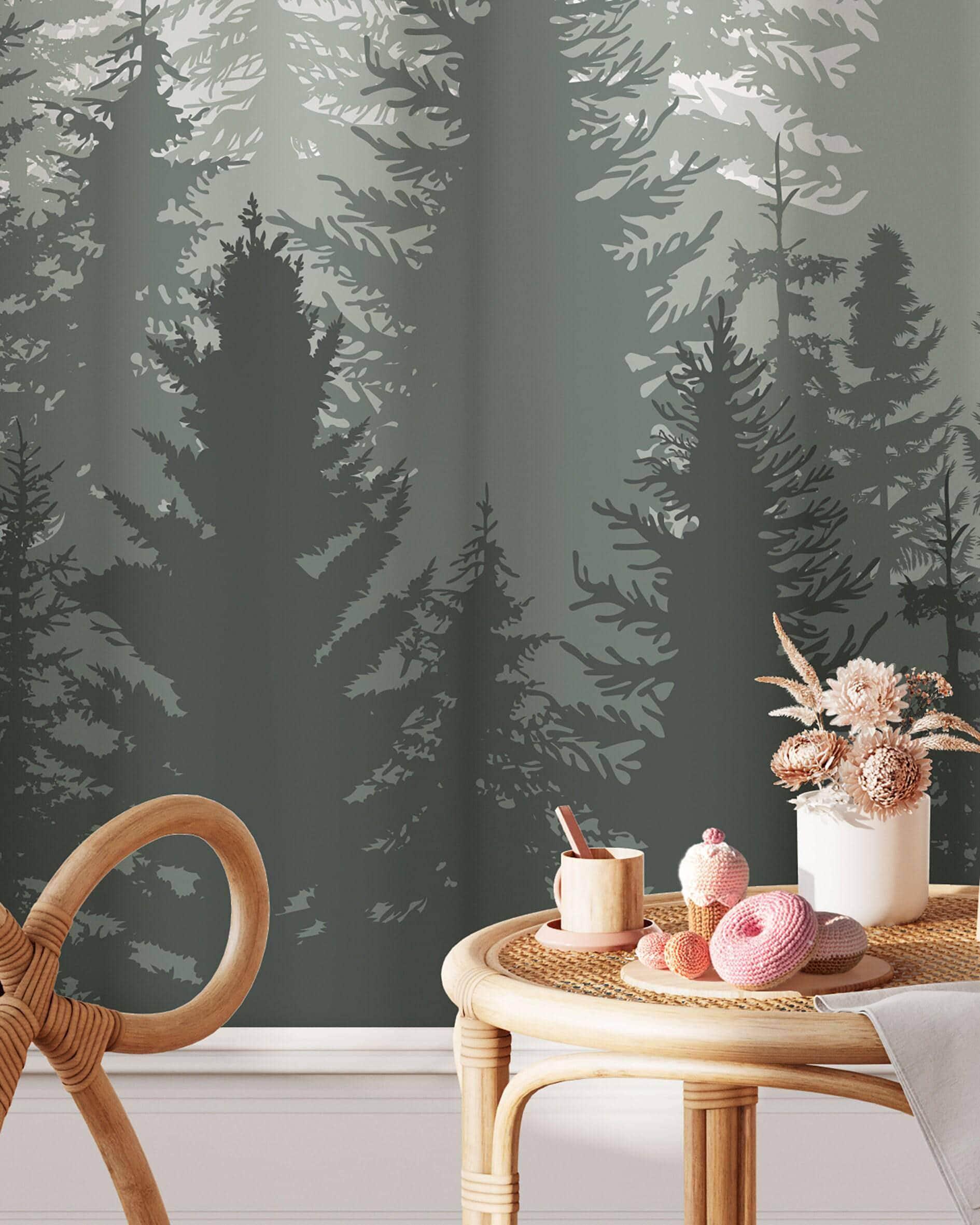 Green Landscape Wallpaper | Foggy Forest Peel and Stick Mural | Pine ...