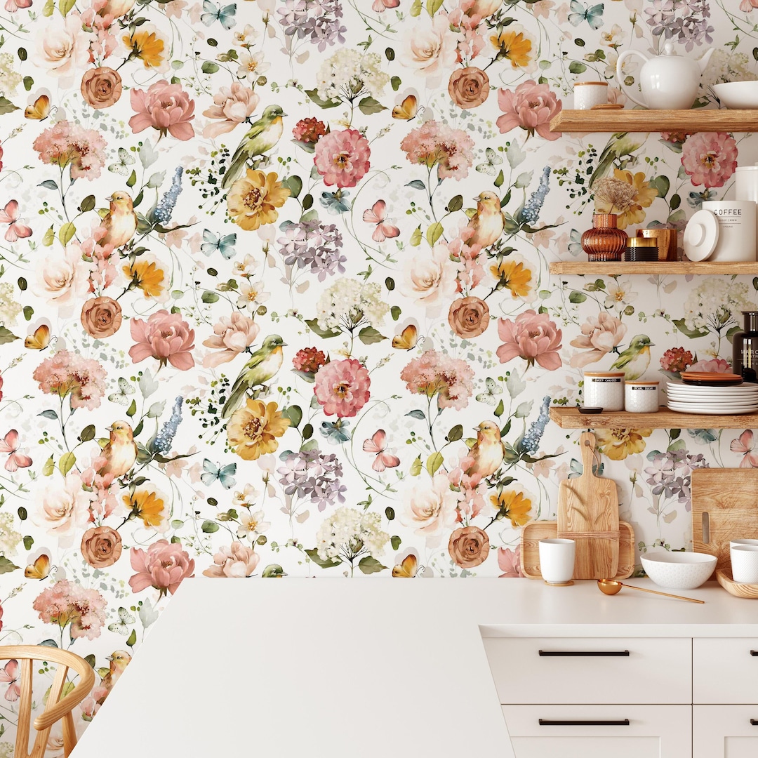 Garden Flowers and Birds Peel and Stick Wallpaper | Removable Botanic ...