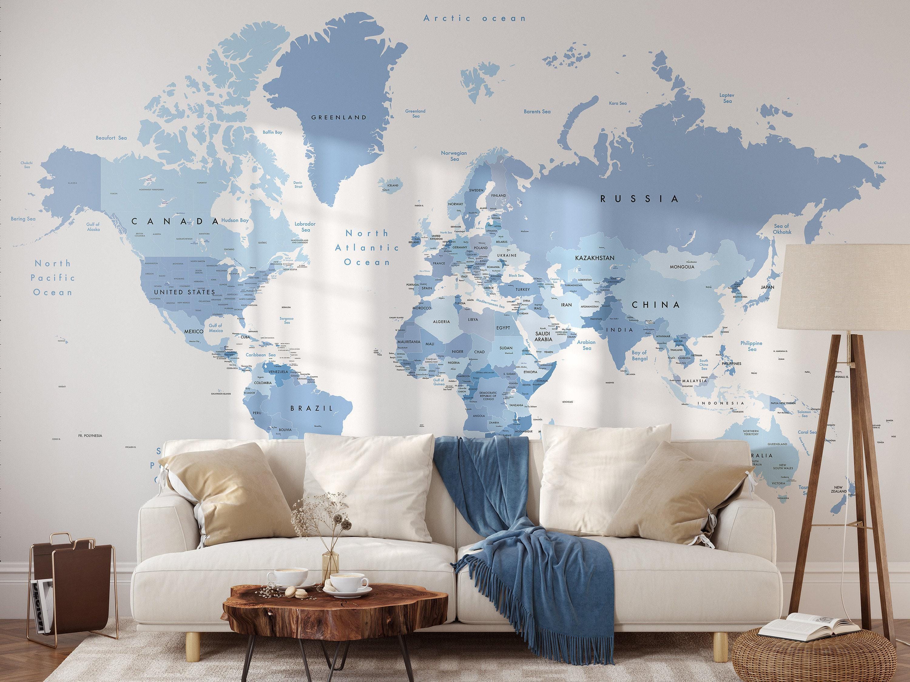 Blue Large World Map Wallpaper | Peel and Stick Removable Self Adhesive ...