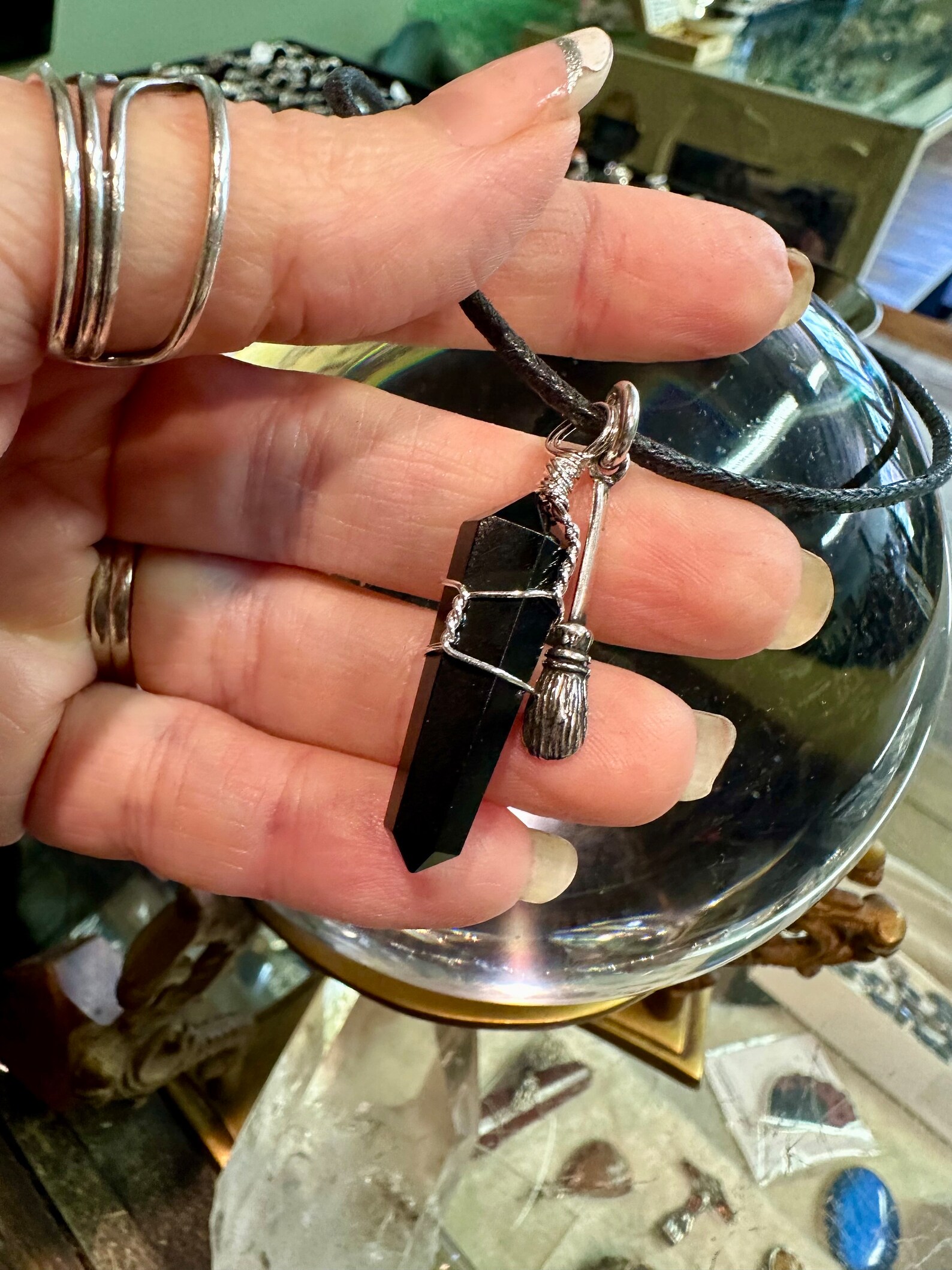 Witches Broom of Protection Amulet Black Obsidian and Sterling Silver ...