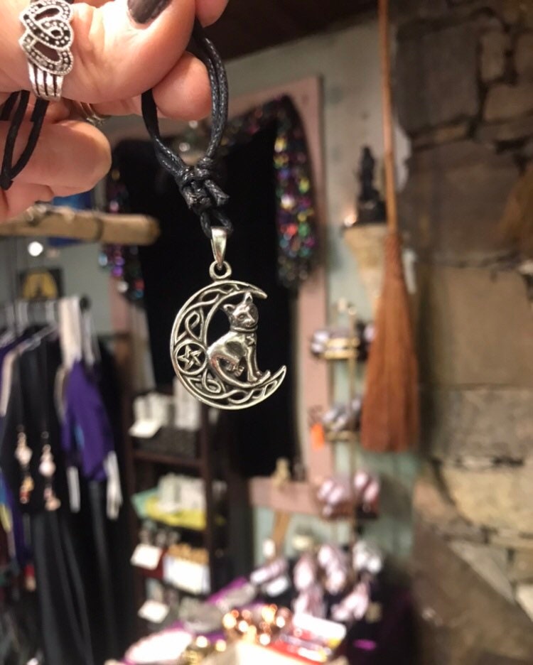 Cat on Crescent Moon Amulet Witches Familiar | Etsy