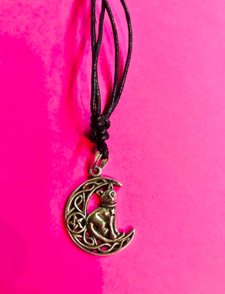 Cat on Crescent Moon Amulet Witches Familiar | Etsy