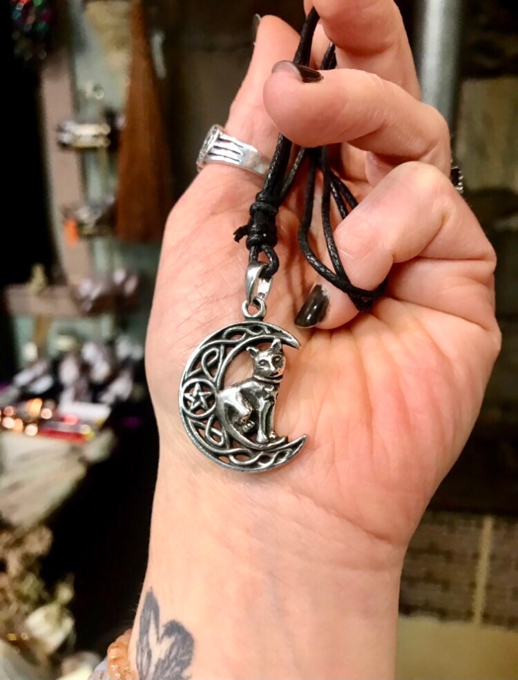 Cat on Crescent Moon Amulet Witches Familiar | Etsy